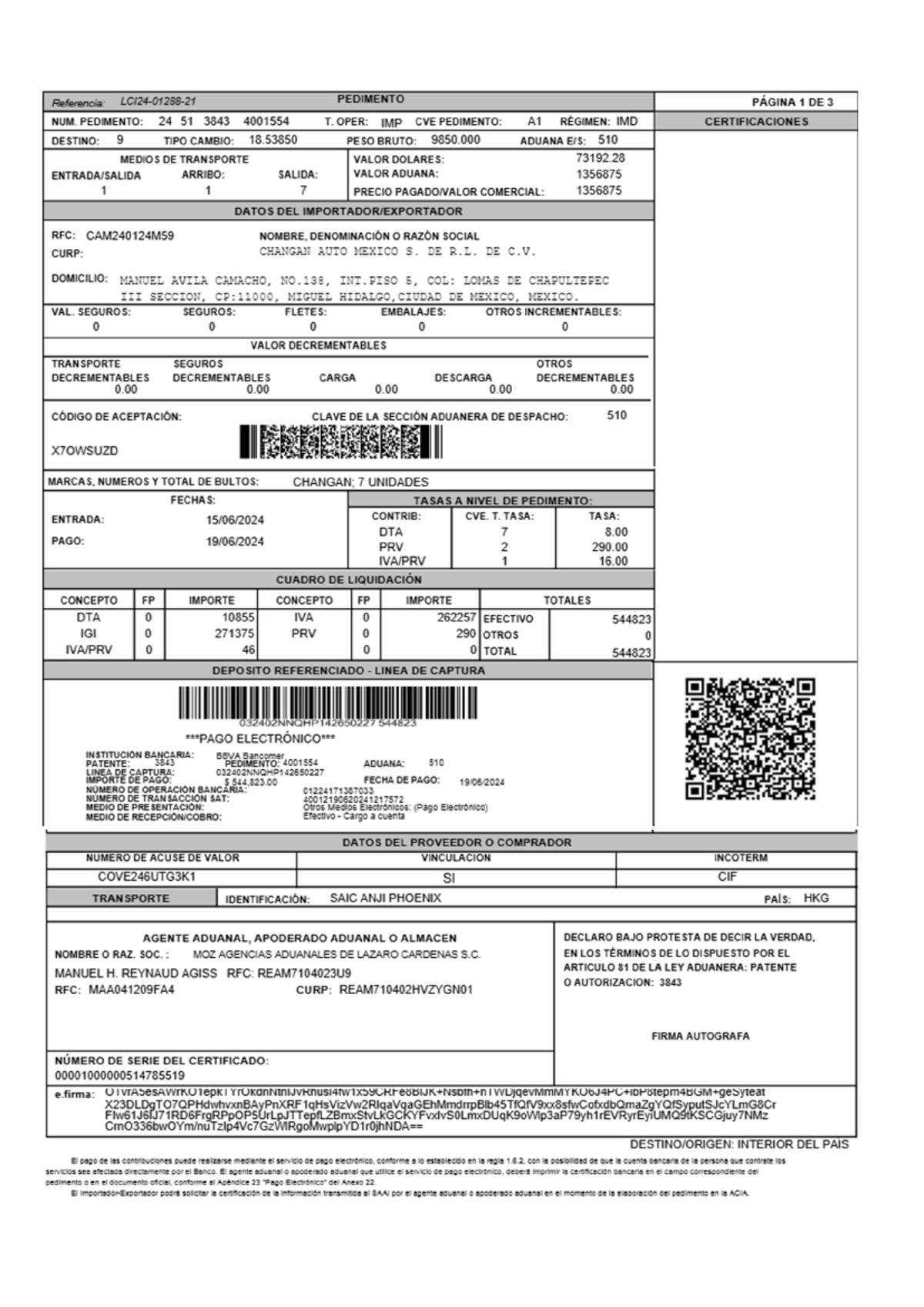 Ejemplo de Pedimento de Importación - Changan Autos 24 51 3843 - Studocu