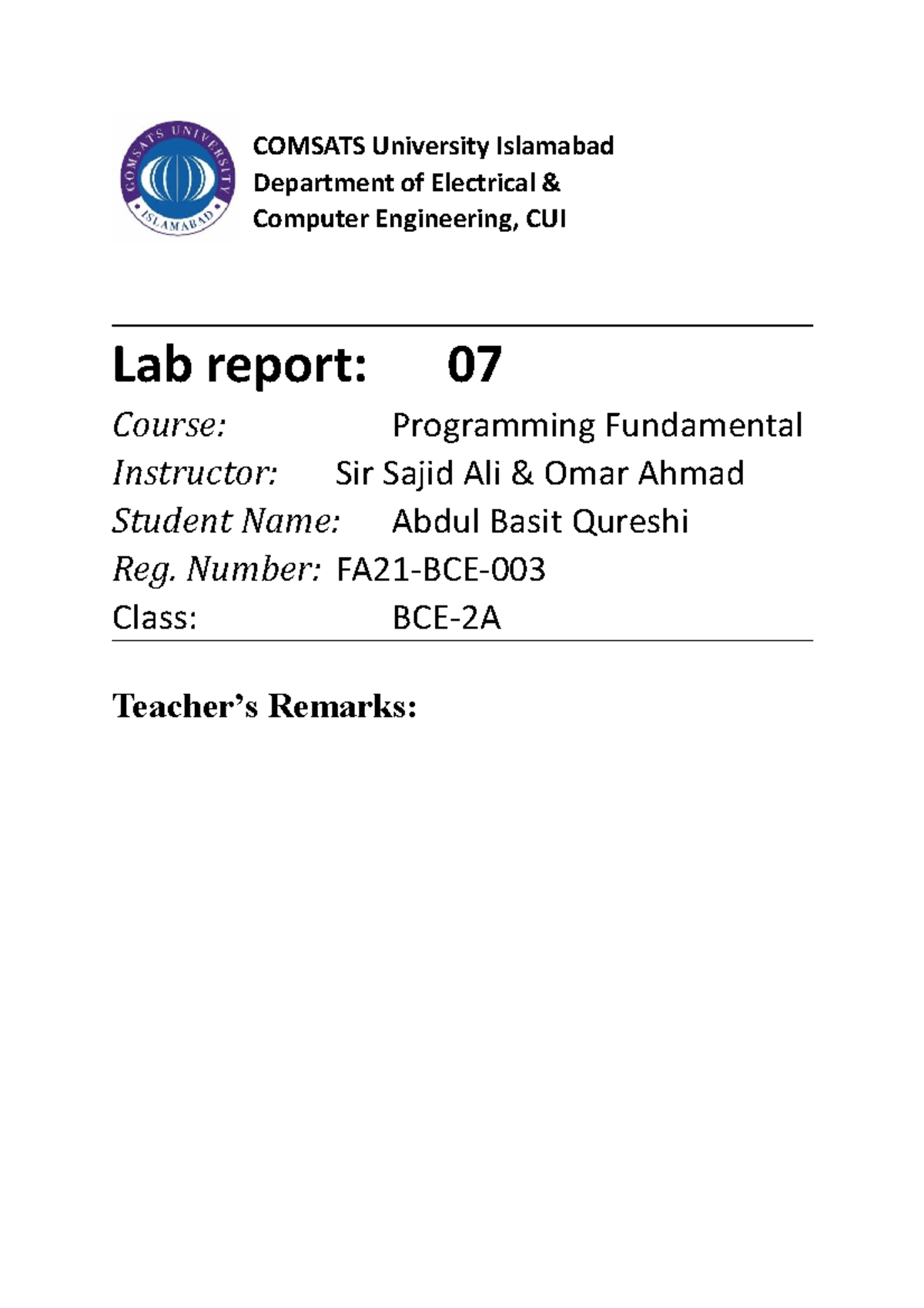 Lab report 7 - Lab report: 07 Course: Programming Fundamental ...