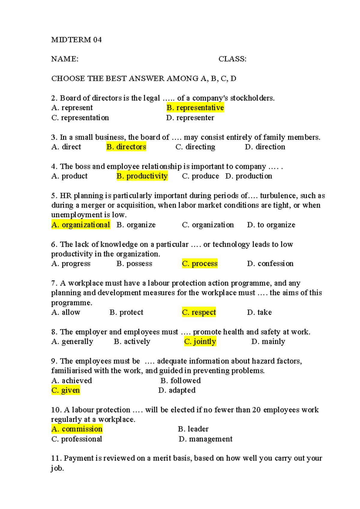 MIDTERM 04 HRM - Multiple Choice Questions and Answers - Studocu