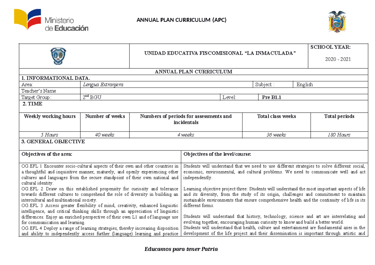Annual Plan Curriculum (APC) for 2nd BGU - English Level Pre B1.1 - Studocu