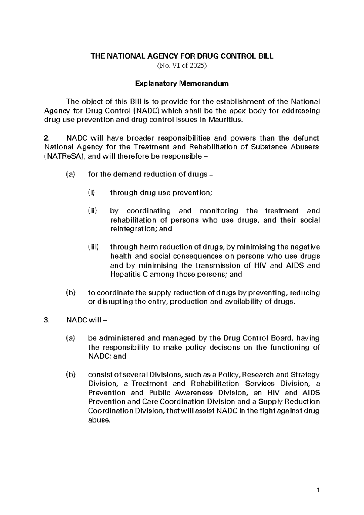 National Agency for Drug Control Bill (No. VI of 2025) Overview - Studocu