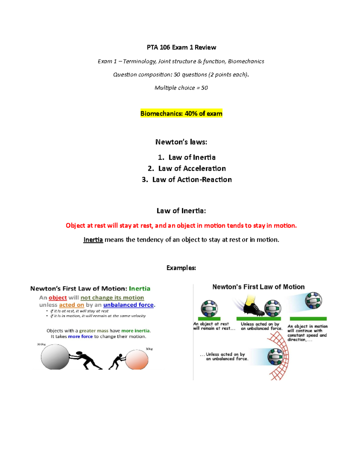 PTA 106 Kinesiology Exam 1 Study Guide and Key Concepts - Studocu