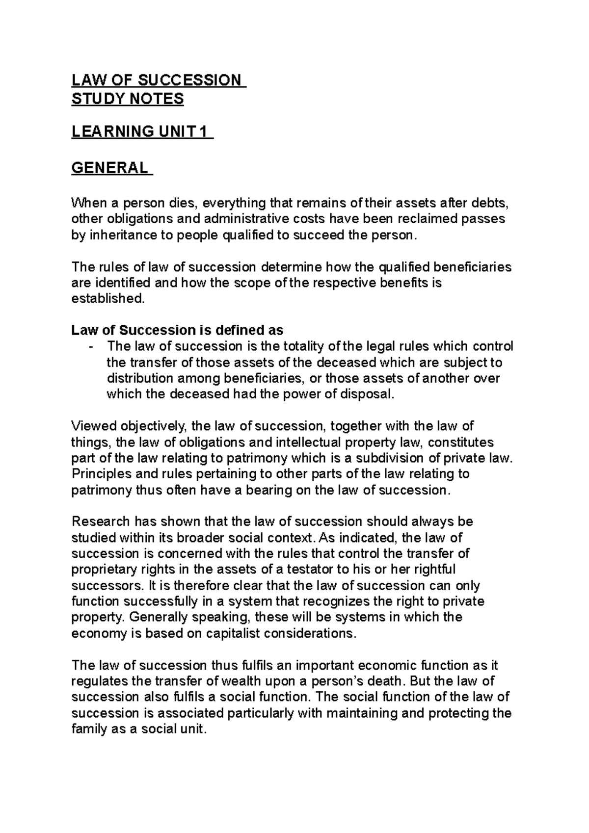 LAW OF SUCCESSION (LAW 101) Study Notes Overview & Concepts - Studocu
