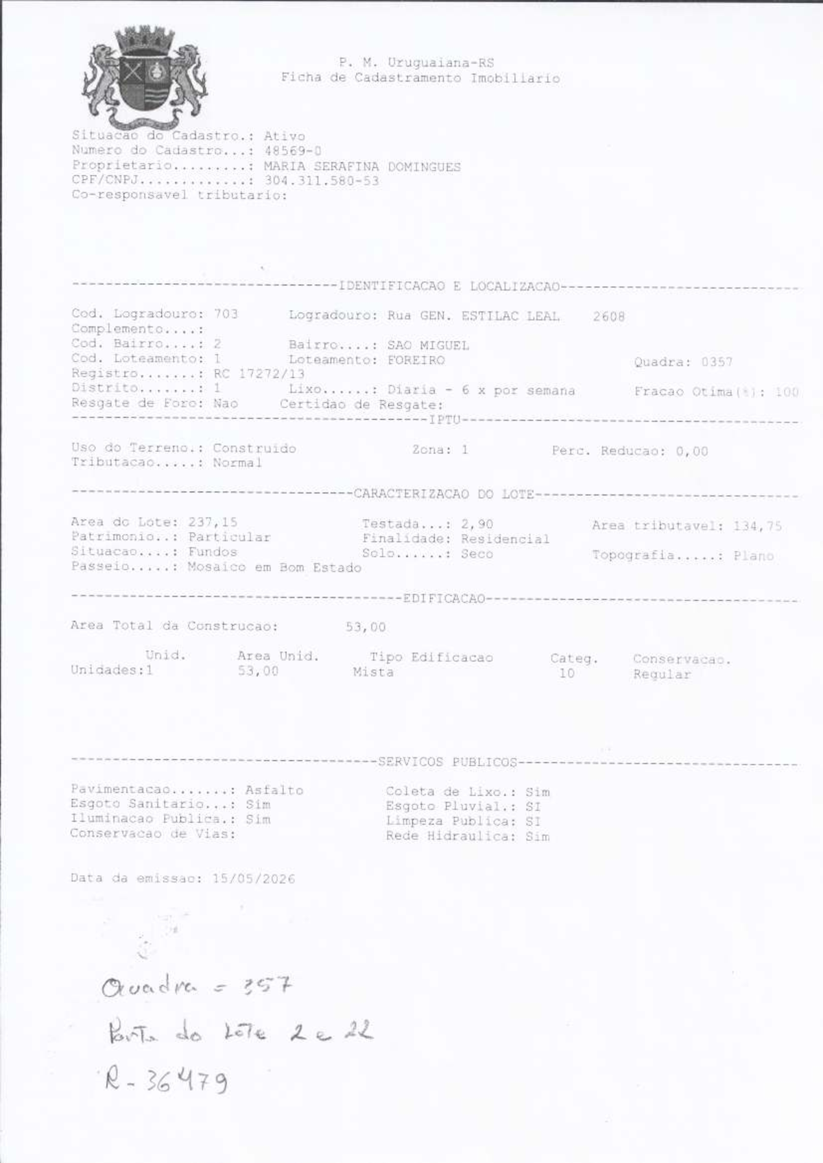 Ficha de Cadastramento Imobiliário - Propriedade de Maria Serafina ...