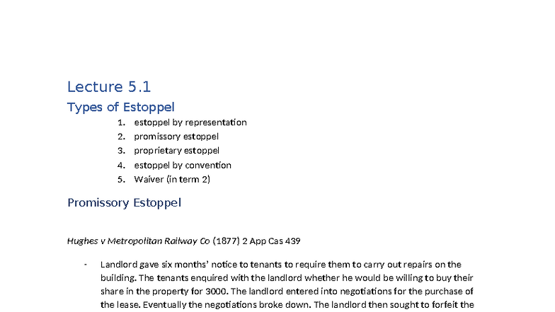 Lecture 5 - Types of Estoppel and Key Case Summaries - Studocu