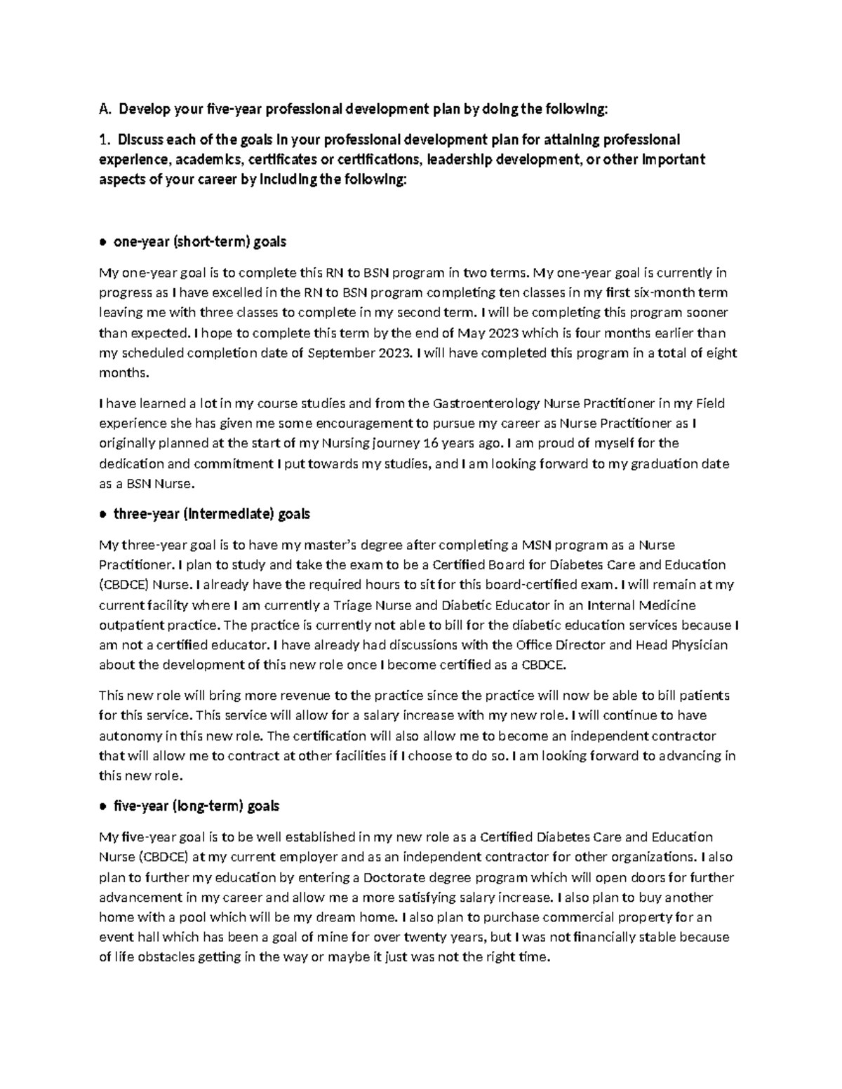 D225 Final Exam: 5-Year Professional Development Plan for Nursing ...