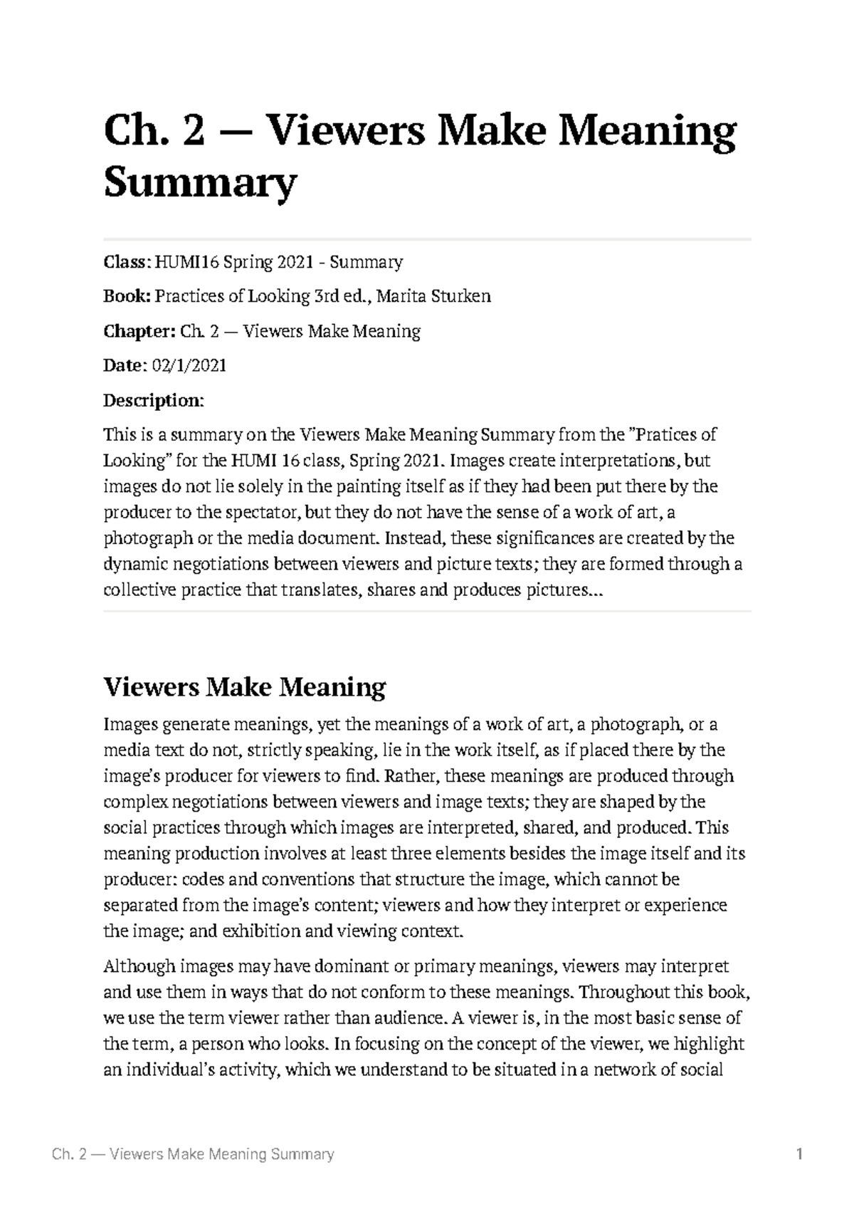 Ch. 2 — Viewers Make Meaning Summary - Ch. 2 — Viewers Make Meaning ...