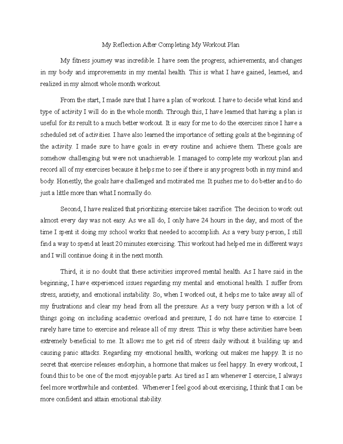 Reflection on My Workout Plan in Physical Education Activities - Studocu