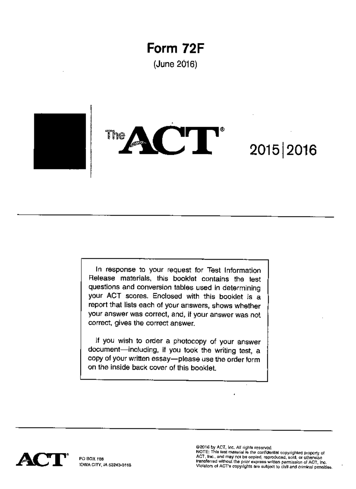 2016 June ACT Form 72F Test Questions & Information Release - Studocu