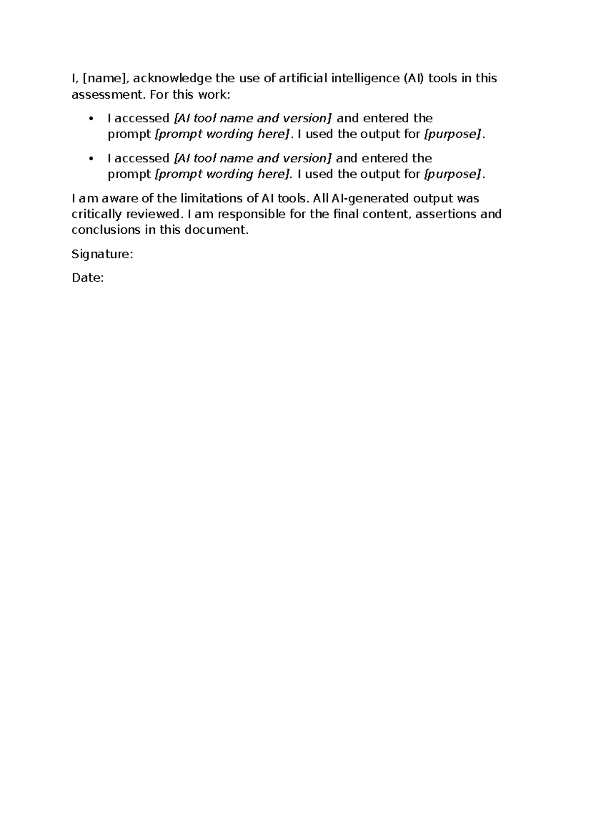 AI Acknowledgment Template - I, [name], acknowledge the use of ...