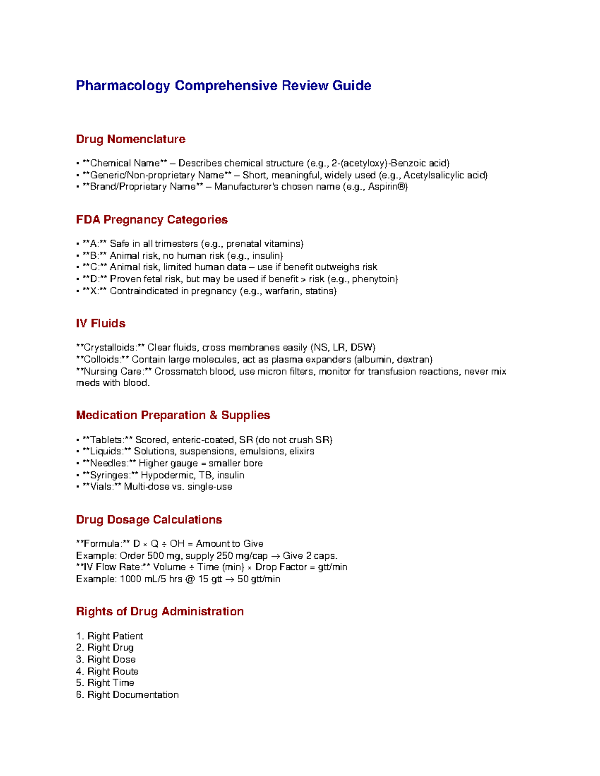Pharmacology Review Guide: Comprehensive Drug Nomenclature & Admin ...