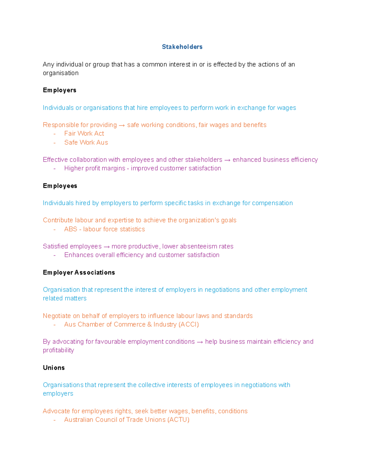 Business Studies - BS Stakeholders and Employment Practices Study Notes ...