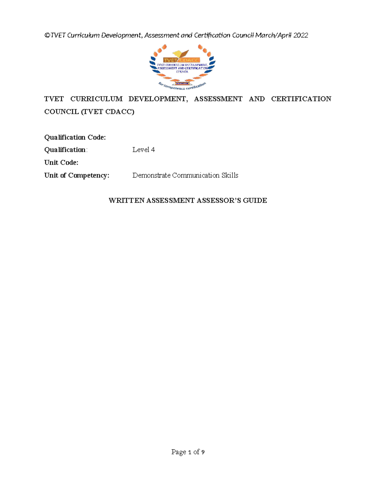 Communication Skills Assessor Guide - Level 4 (TVET CDACC) - Studocu