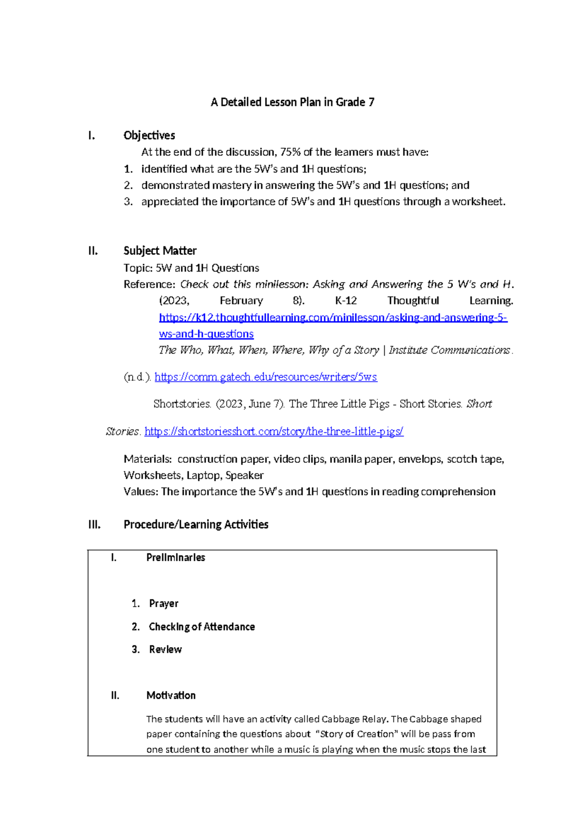 Grade 7 Lesson Plan: Mastering 5W and 1H Questions - Studocu