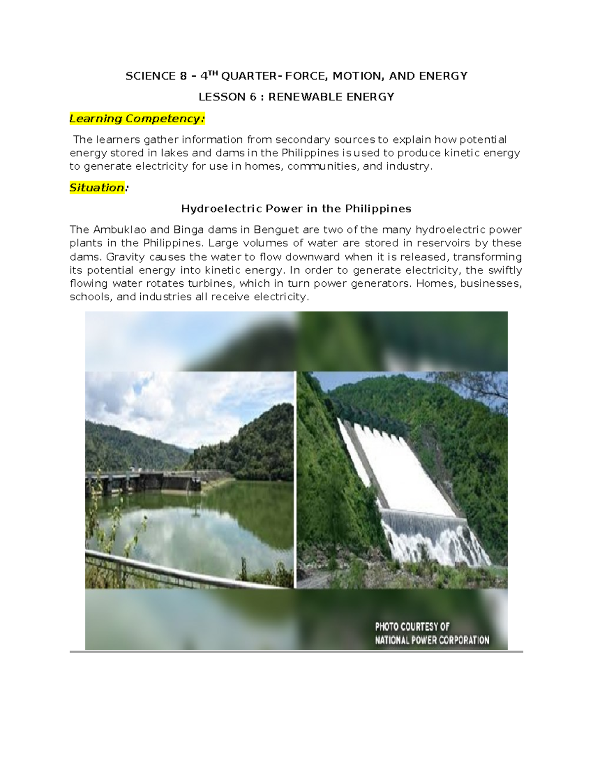 SCIENCE 8 LECTURE: FORCE, MOTION, & ENERGY - RENEWABLE ENERGY - Studocu