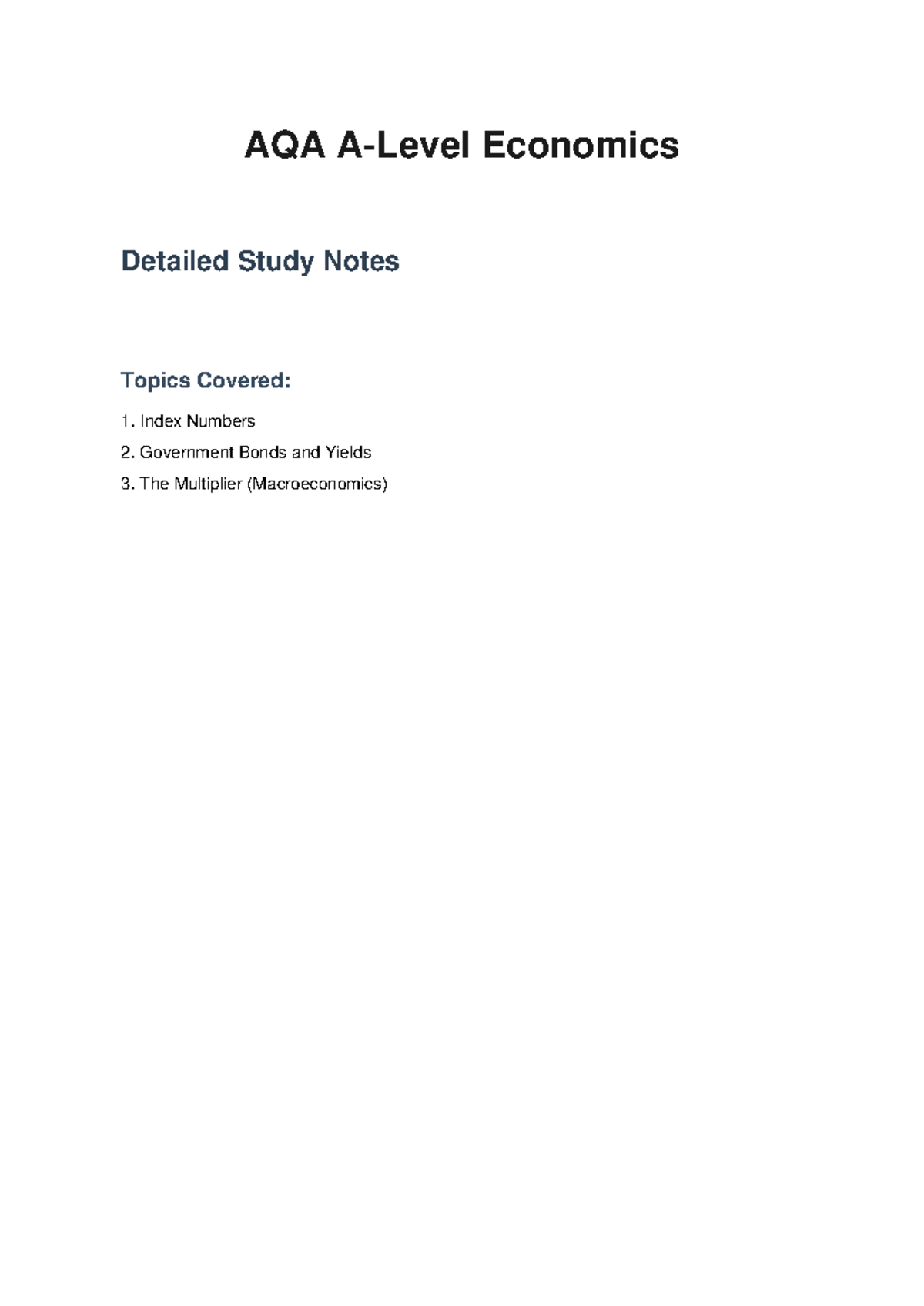 AQA Economics Study Notes: Index Numbers, Bonds & Multiplier Concepts ...