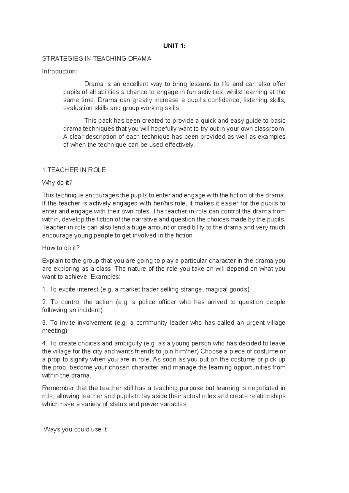 UNIT 1: TEACHING DRAMA STRATEGIES - A Comprehensive Guide - Studocu