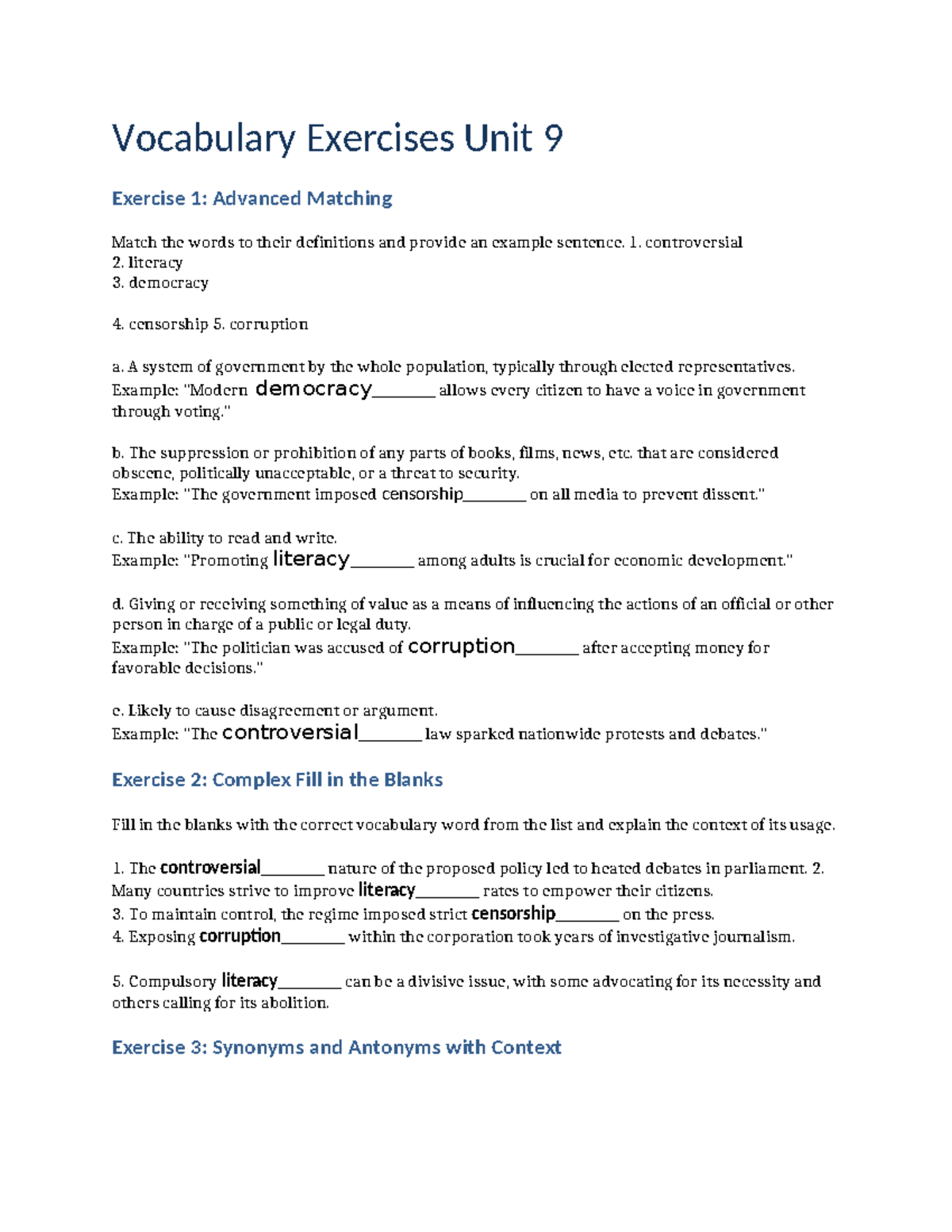 Session 18-B2: Vocabulary Exercises for English B2 - Unit 9 - Studocu