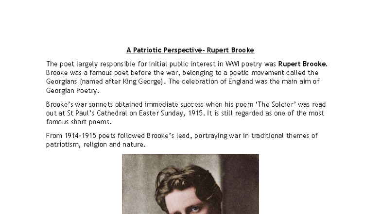 A Patriotic Perspective on Rupert Brooke's War Poetry - Studocu
