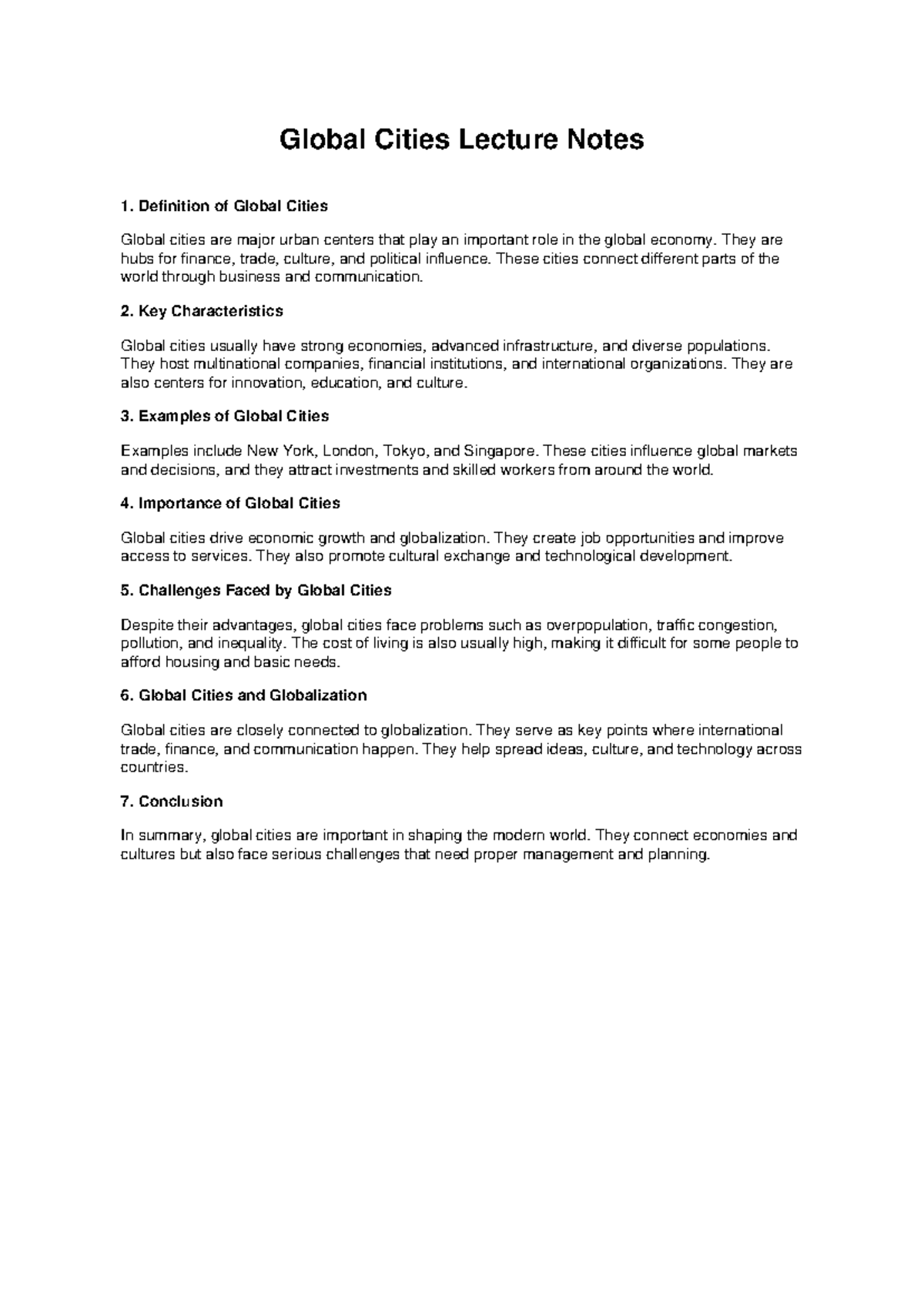 Global Cities Lecture Notes: Definition, Characteristics & Challenges ...