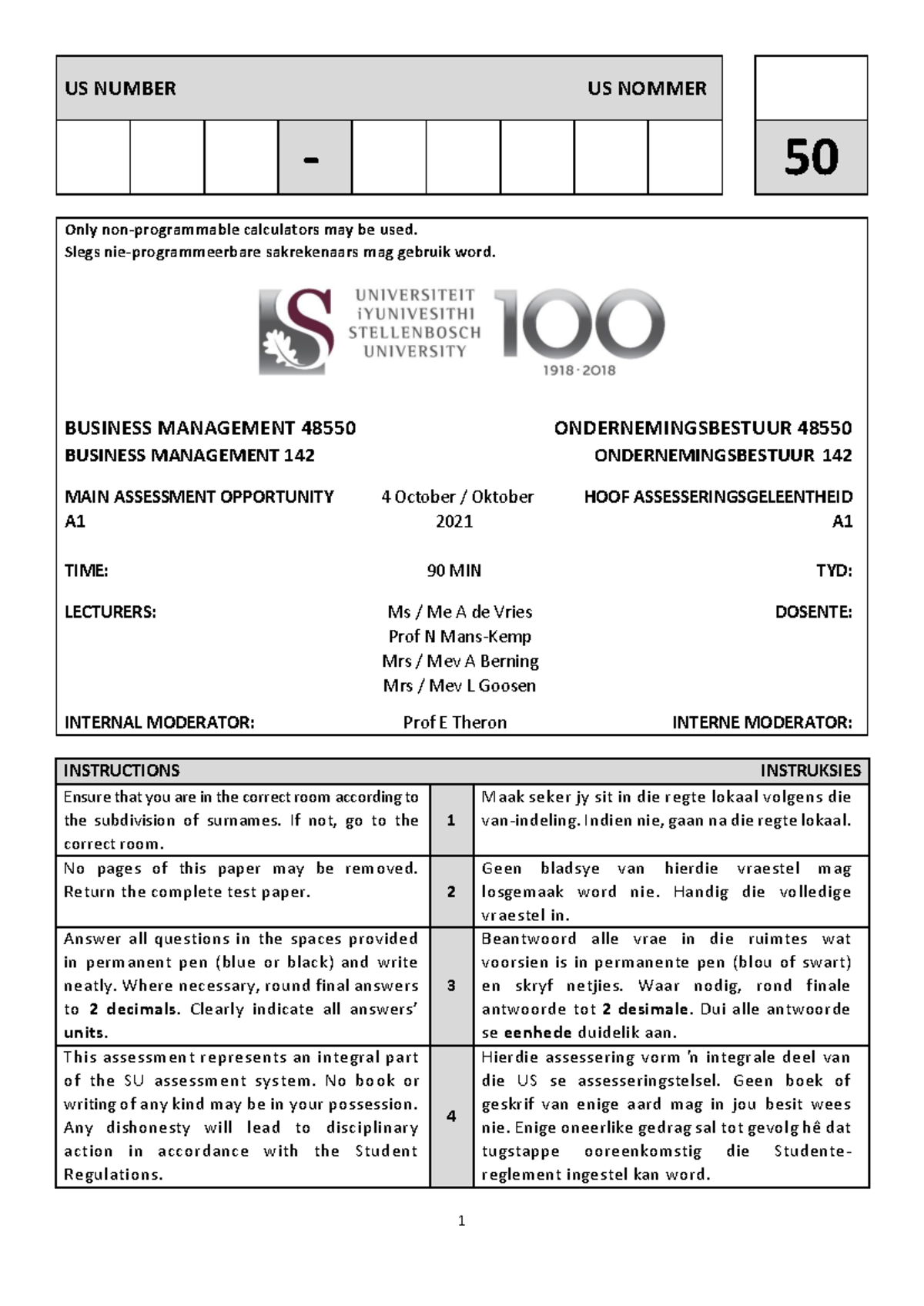 BUSINESS MANAGEMENT 48550 A1 2021 - Final Exam Instructions and ...