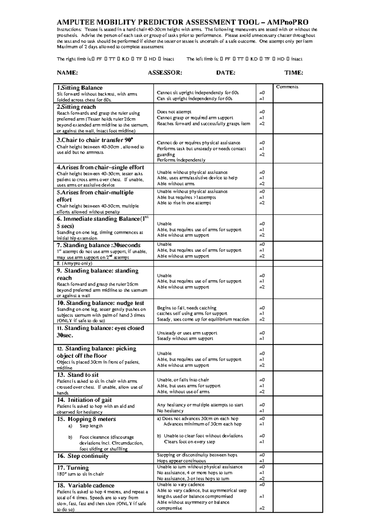 Amputee Mobility Predictor Assessment Tool Instructions (AMPnoPRO ...