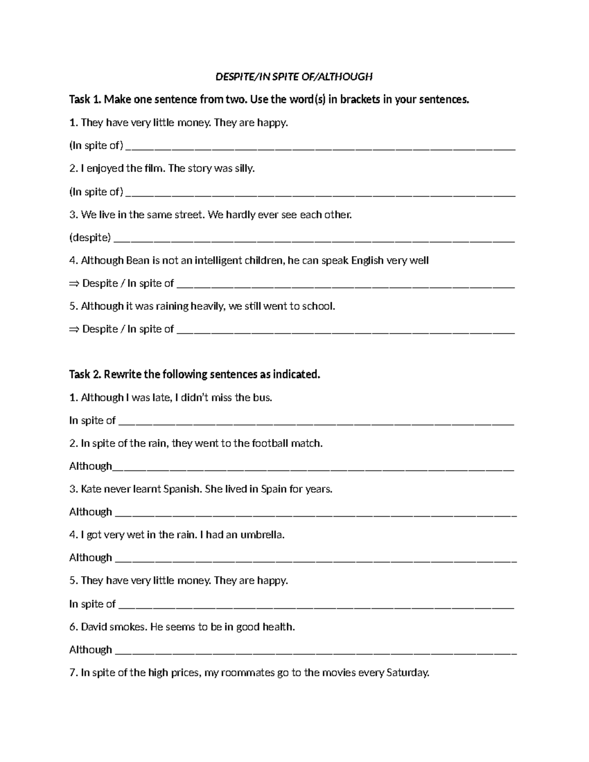SPITE Task 1 & 2: Sentence Transformation Exercises - 123456 - Studocu
