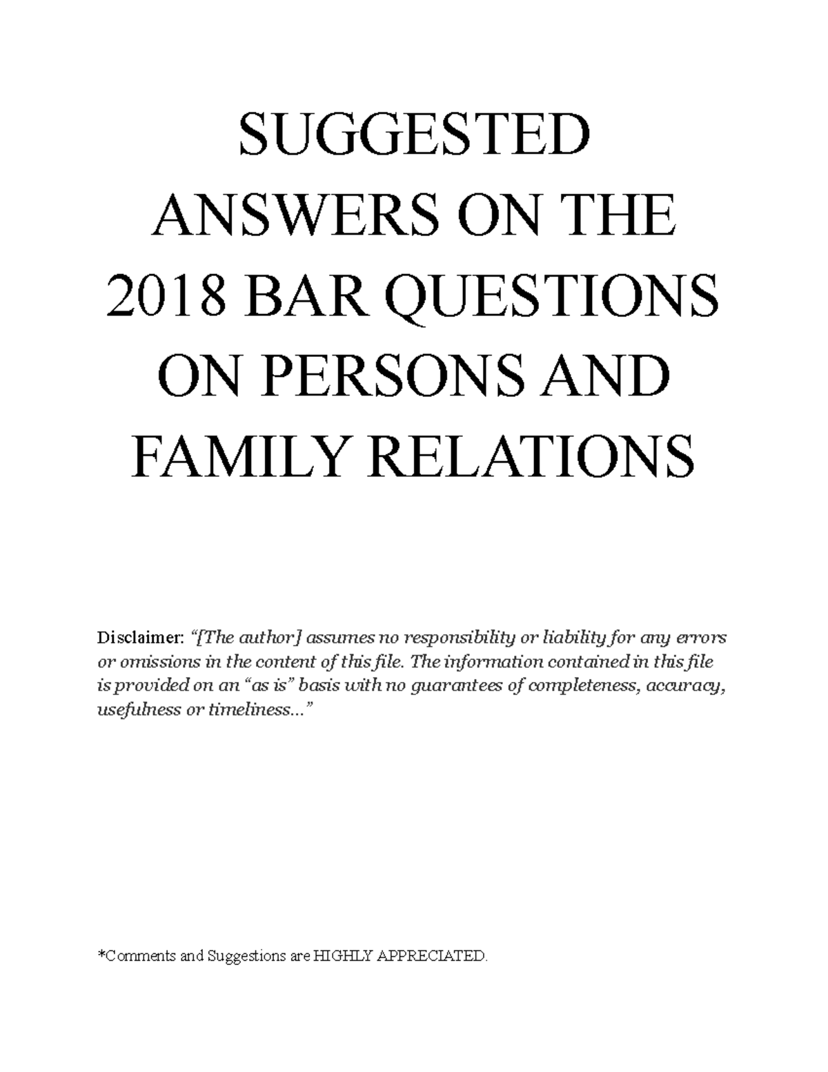 Suggested Answers ON THE 2018 BAR Questi - SUGGESTED ANSWERS ON THE ...