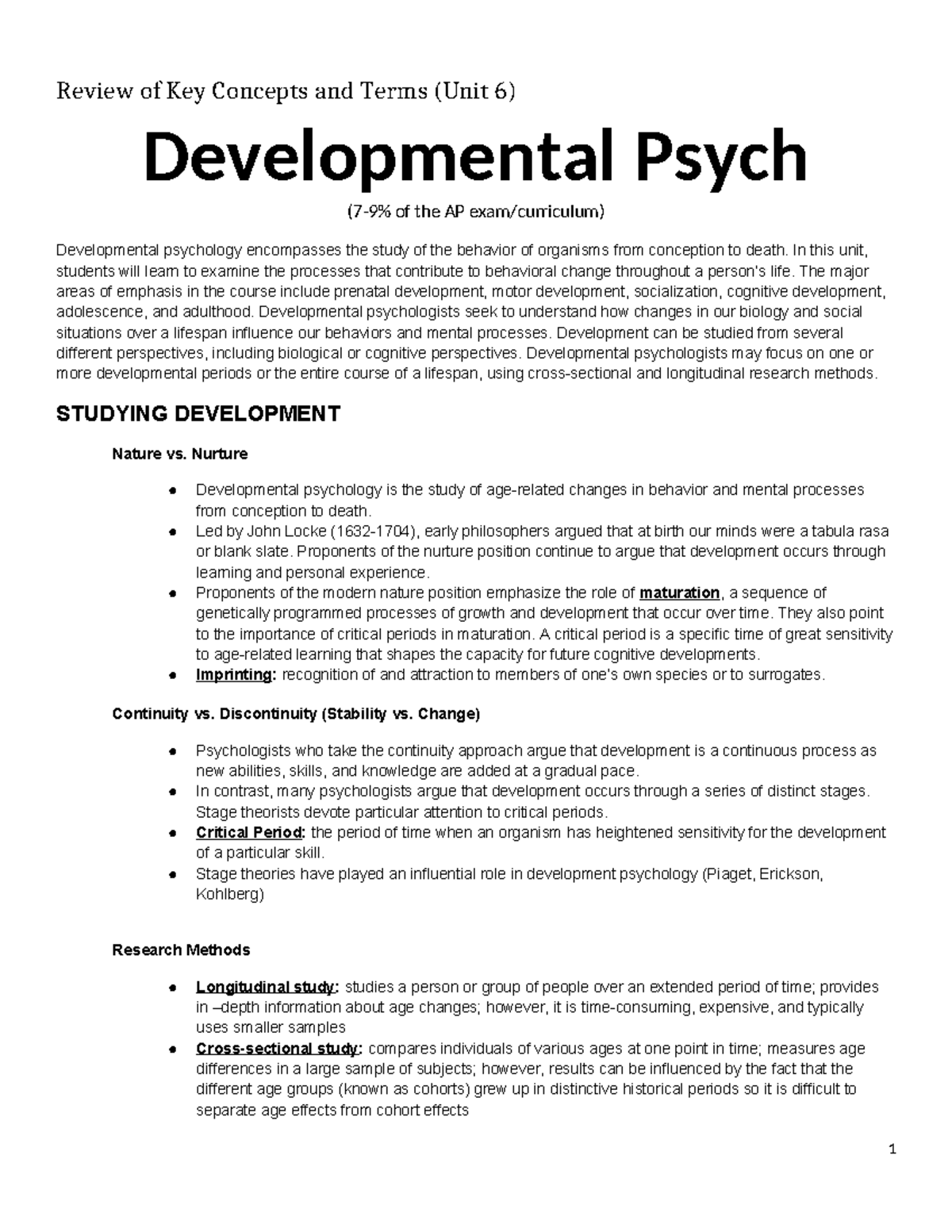 Unit 6 Review - Key Concepts in Developmental Psychology - Studocu