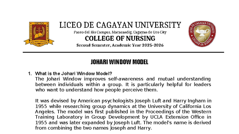 JOHARI WINDOW MODEL: A GUIDE FOR NURSING STUDENTS (COLLEGE OF NURSING ...
