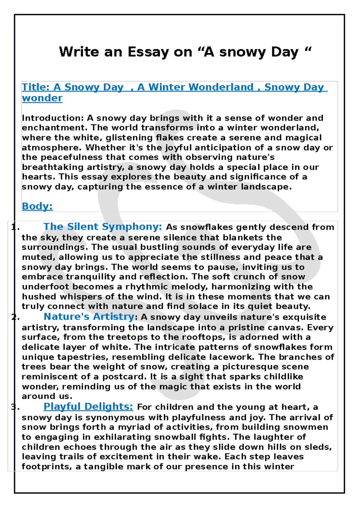 A Snowy Day , A Winter Wonderland , winter - Write an Essay on “A snowy ...