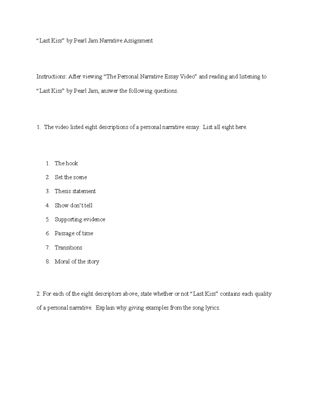 Pearl Jam "Last Kiss" Narrative Essay Assignment-1 Analysis - Studocu