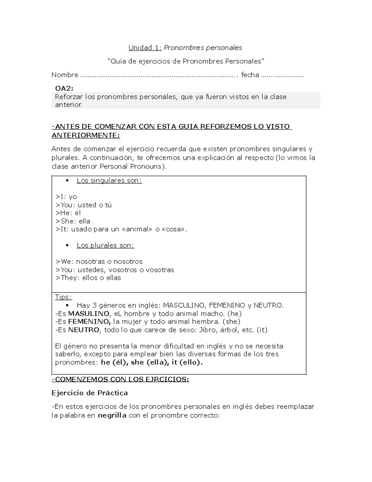 Pronombre personales - Unidad 1: Pronombres personales “Guía de ...