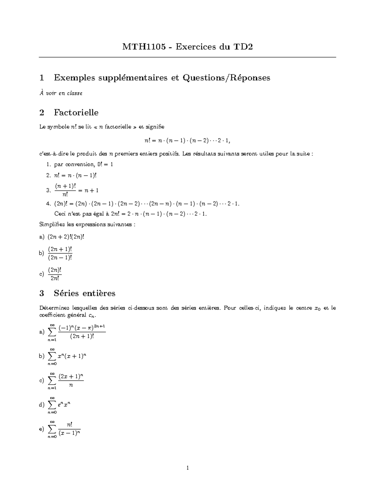 MTH1105 - Exercices et Questions du TD2 - Studocu