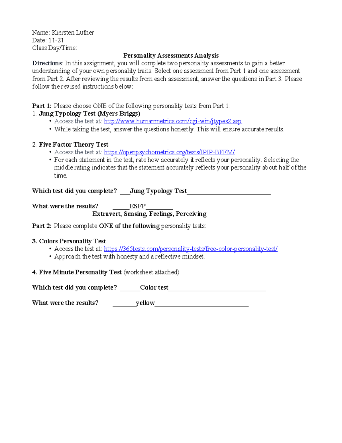 Personality Assessments Analysis - Reflection and Insights (PSY101 ...