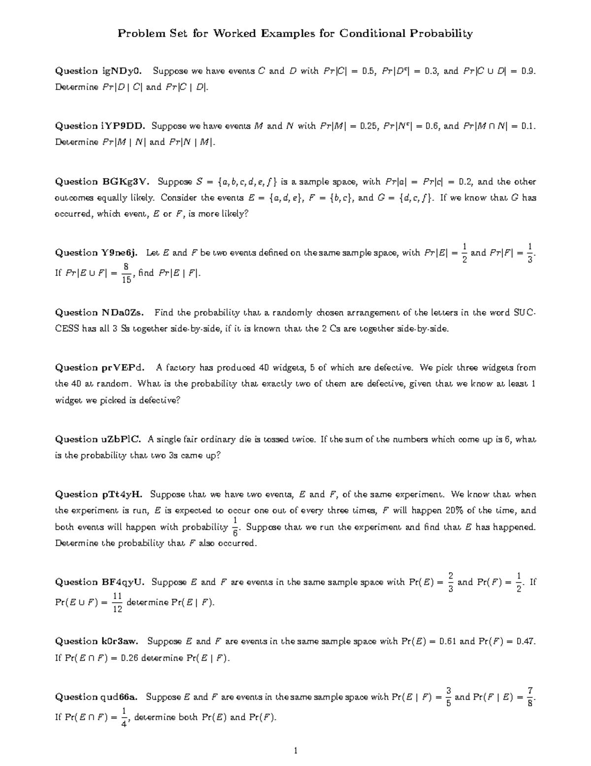 Worked Examplesfor Conditional Probability - Problem Set for Worked Examples for Conditional ...