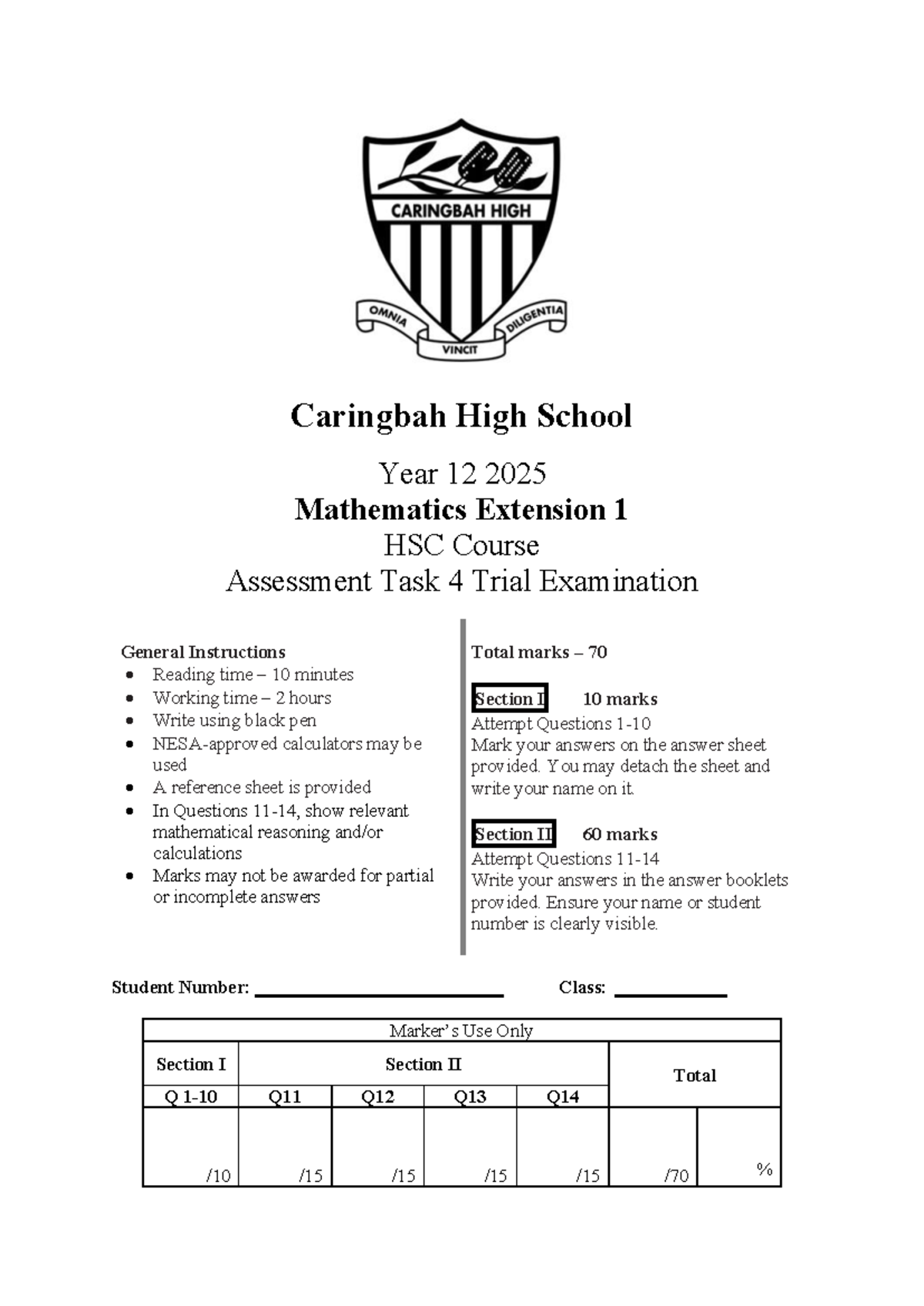 Caringbah High School Year 12 2025 Mathematics Extension 1 HSC Trial ...