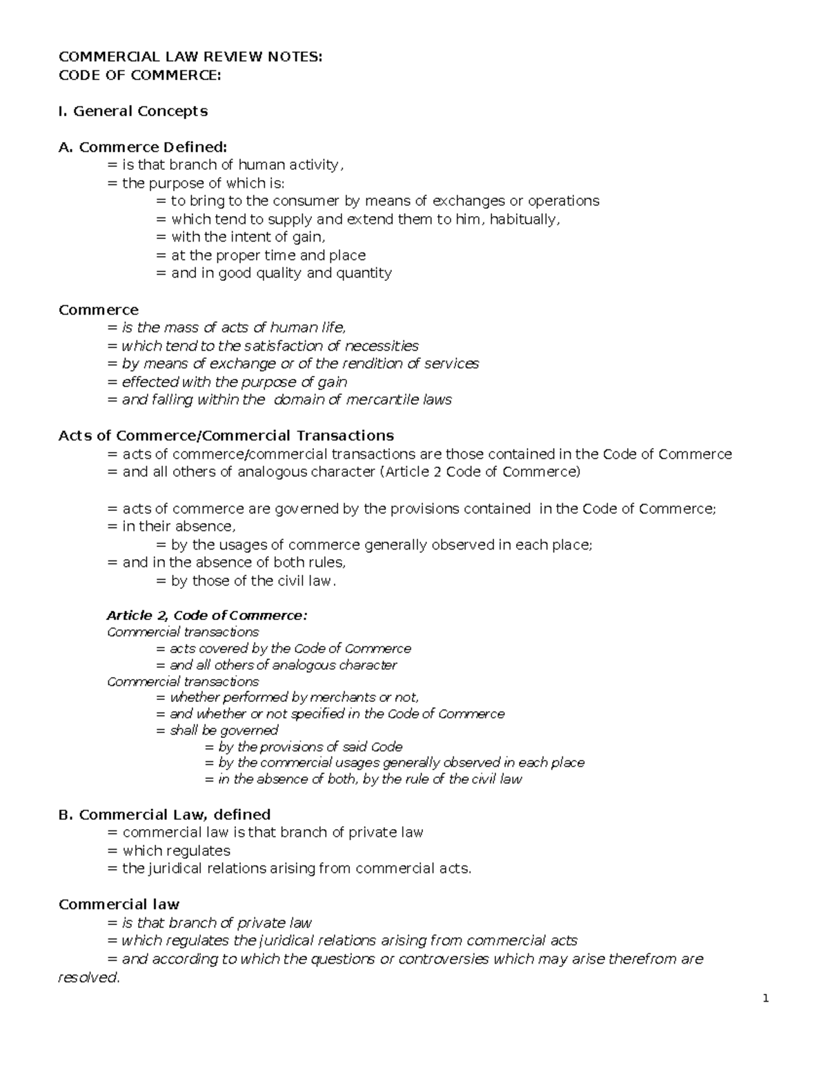 COMMERCIAL LAW REVIEW NOTES: CODE OF COMMERCE OVERVIEW - Studocu