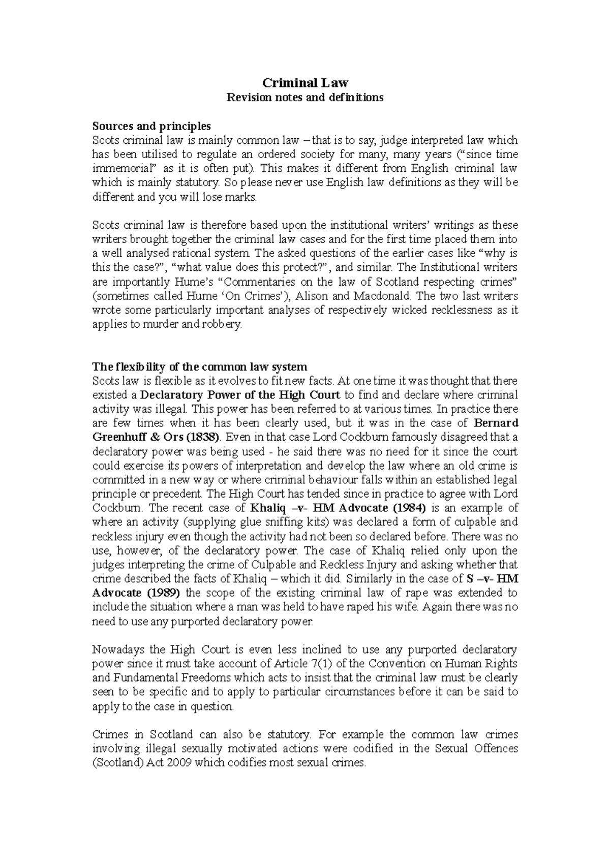 Scots Criminal Law: Principles, Concepts & Definitions Overview - Studocu