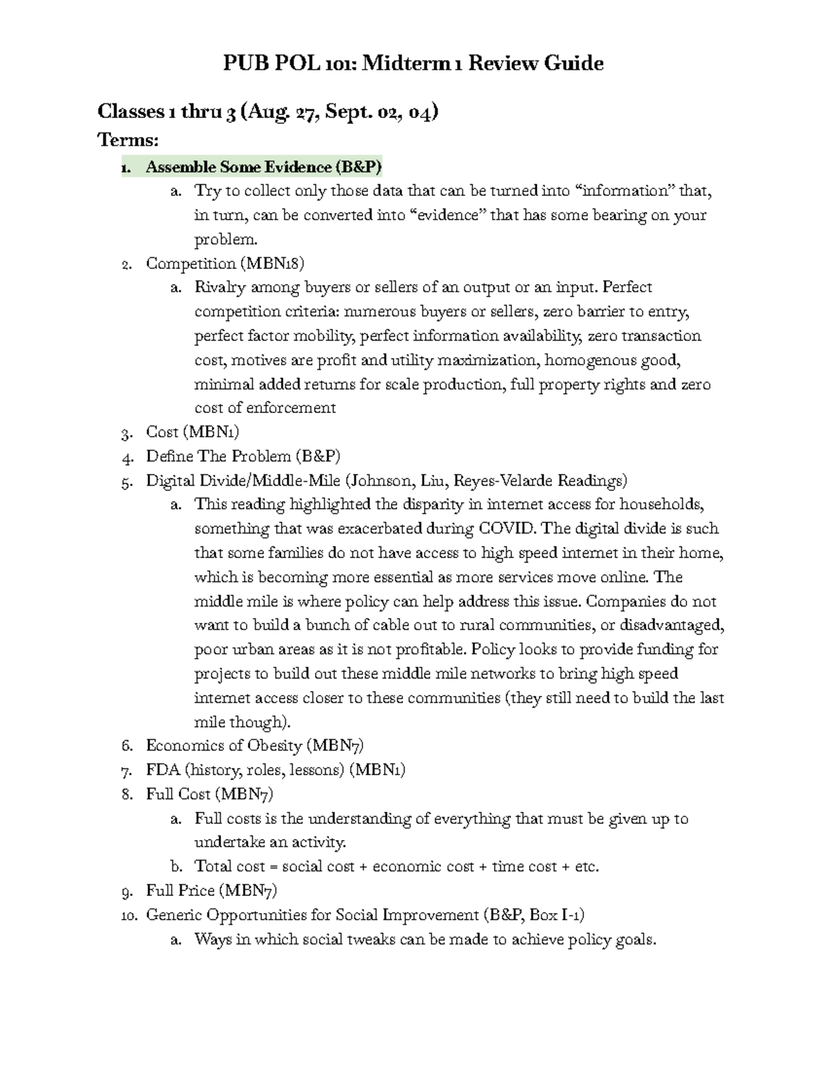 PUB POL 101: Midterm 1 Comprehensive Review Guide for Classes 1-3 - Studocu