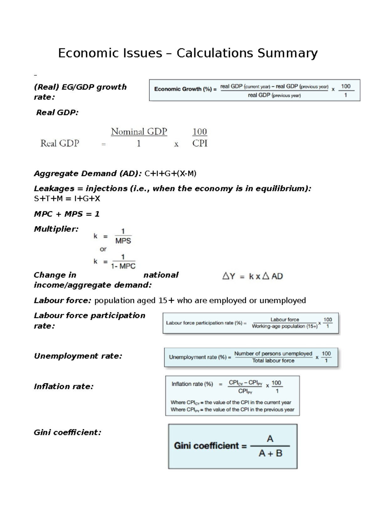 Economic Issues Calculations Summary - Economic Issues – Calculations ...