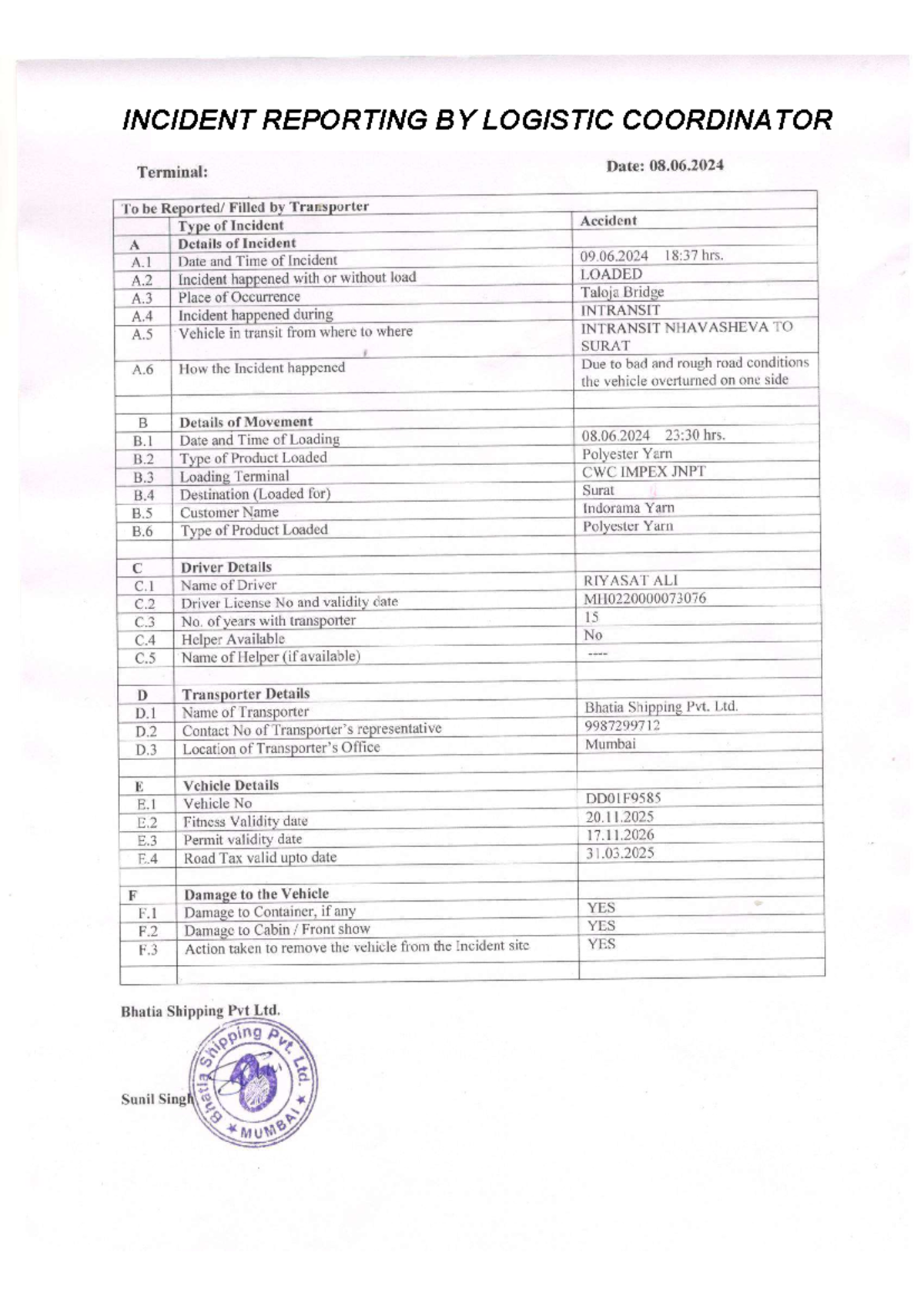 Incident Reporting Log for Logistic Coordinator - 08.06.2023 - Studocu