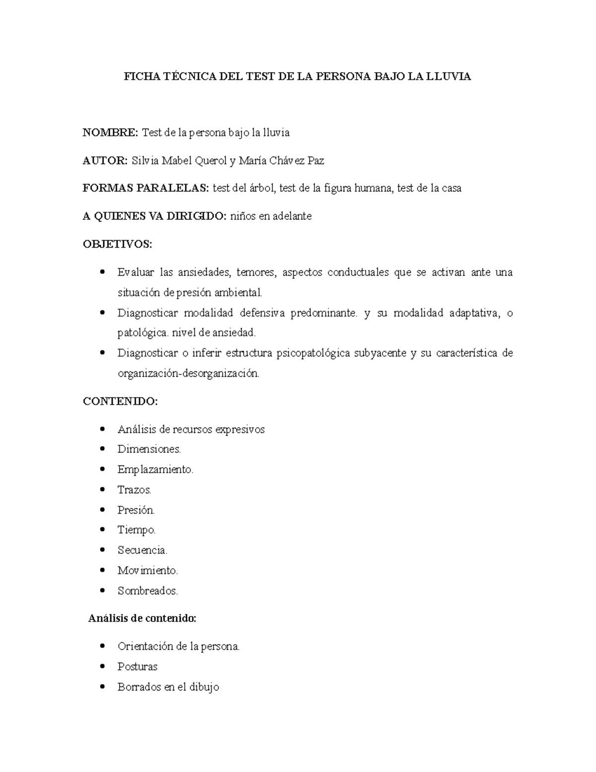 Ficha Técnica del Test de la Persona Bajo la Lluvia - Análisis y ...