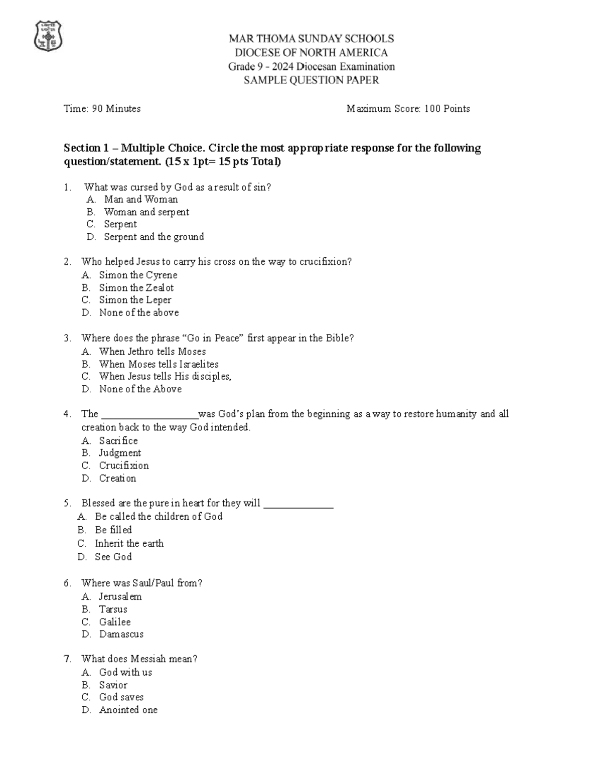 Grade 9 2024 Diocesan Exam Sample Paper: Faith and Worship Review - Studocu