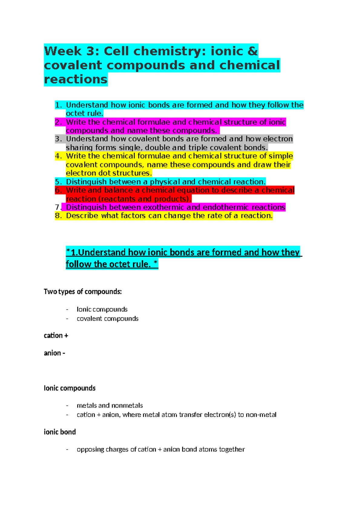 Week 3 Cell chemistry ionic & covalent compounds and chemical reactions ...