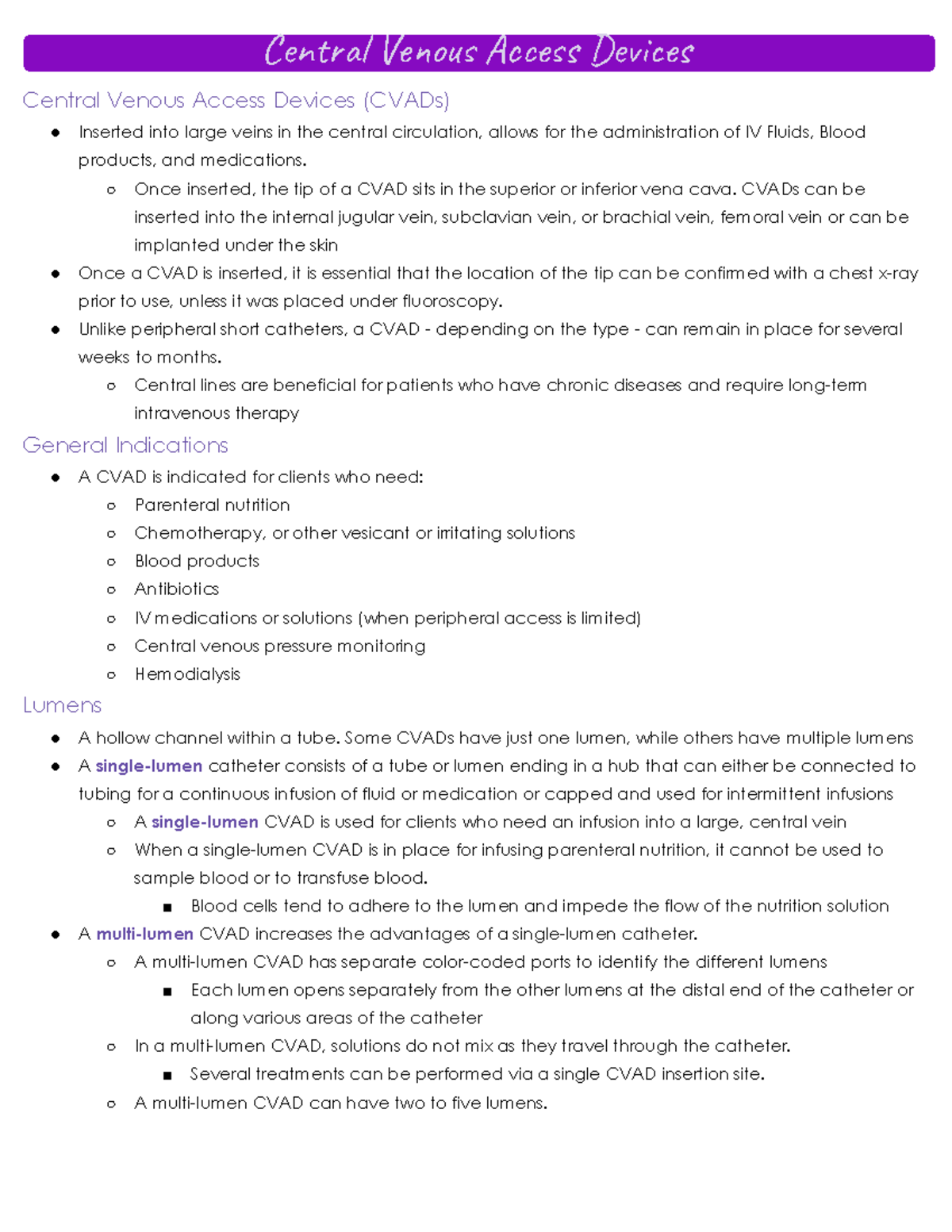 CVADs: Comprehensive Overview of Types, Uses, and Care (NRS 101) - Studocu