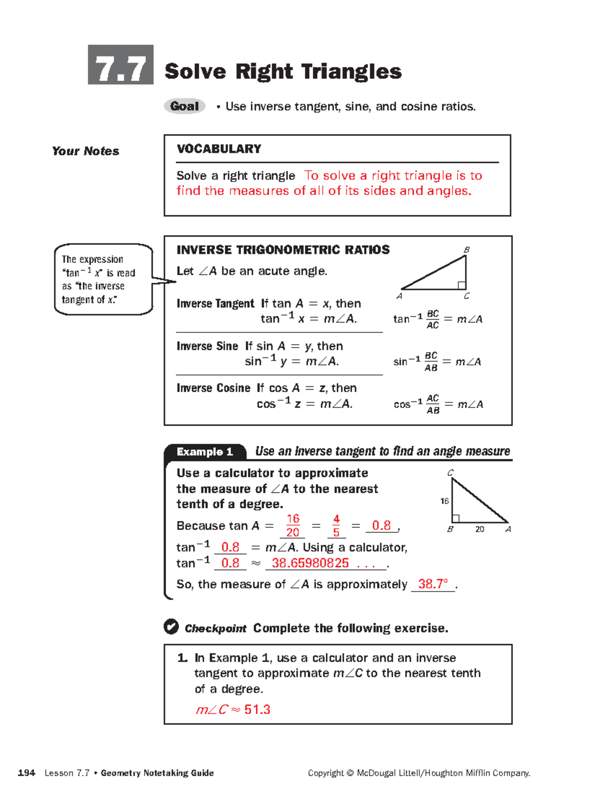 3OLVE 2IGHT 4RIANGLES: INVERSE TANGENT, SINE, AND COSINE N0TES - Studocu