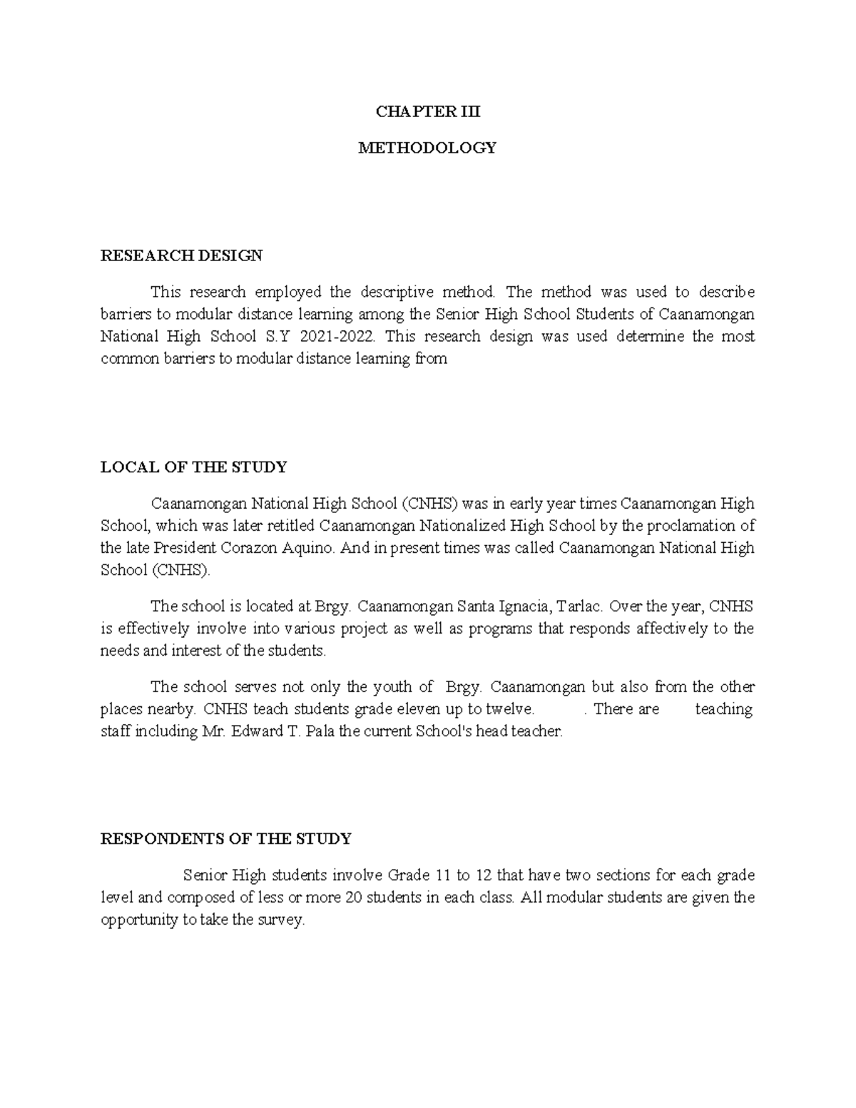 Chapter III - for merge - exercie materials - CHAPTER III METHODOLOGY RESEARCH DESIGN This ...
