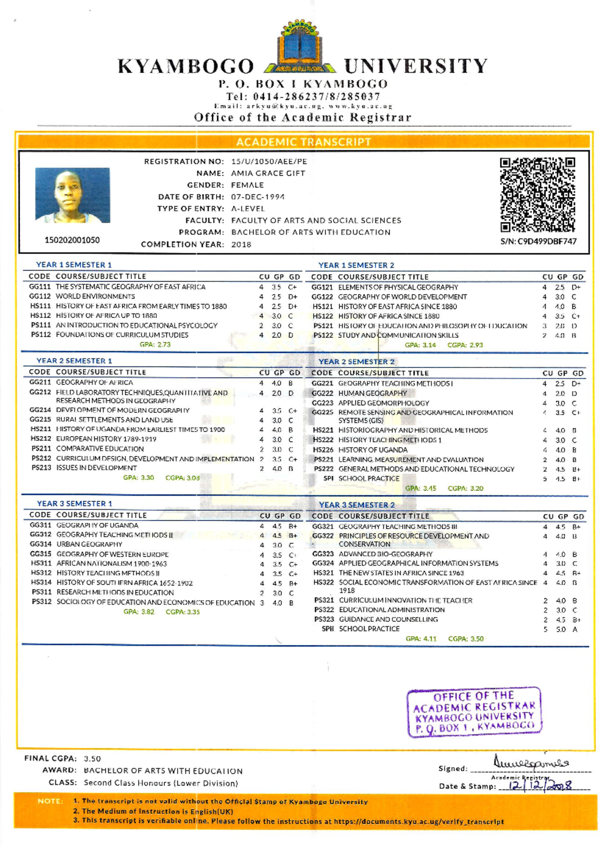 KYAMBOGO UNIVERSITY BACHELOR OF ARTS WITH EDUCATION TRANSCRIPT - Studocu