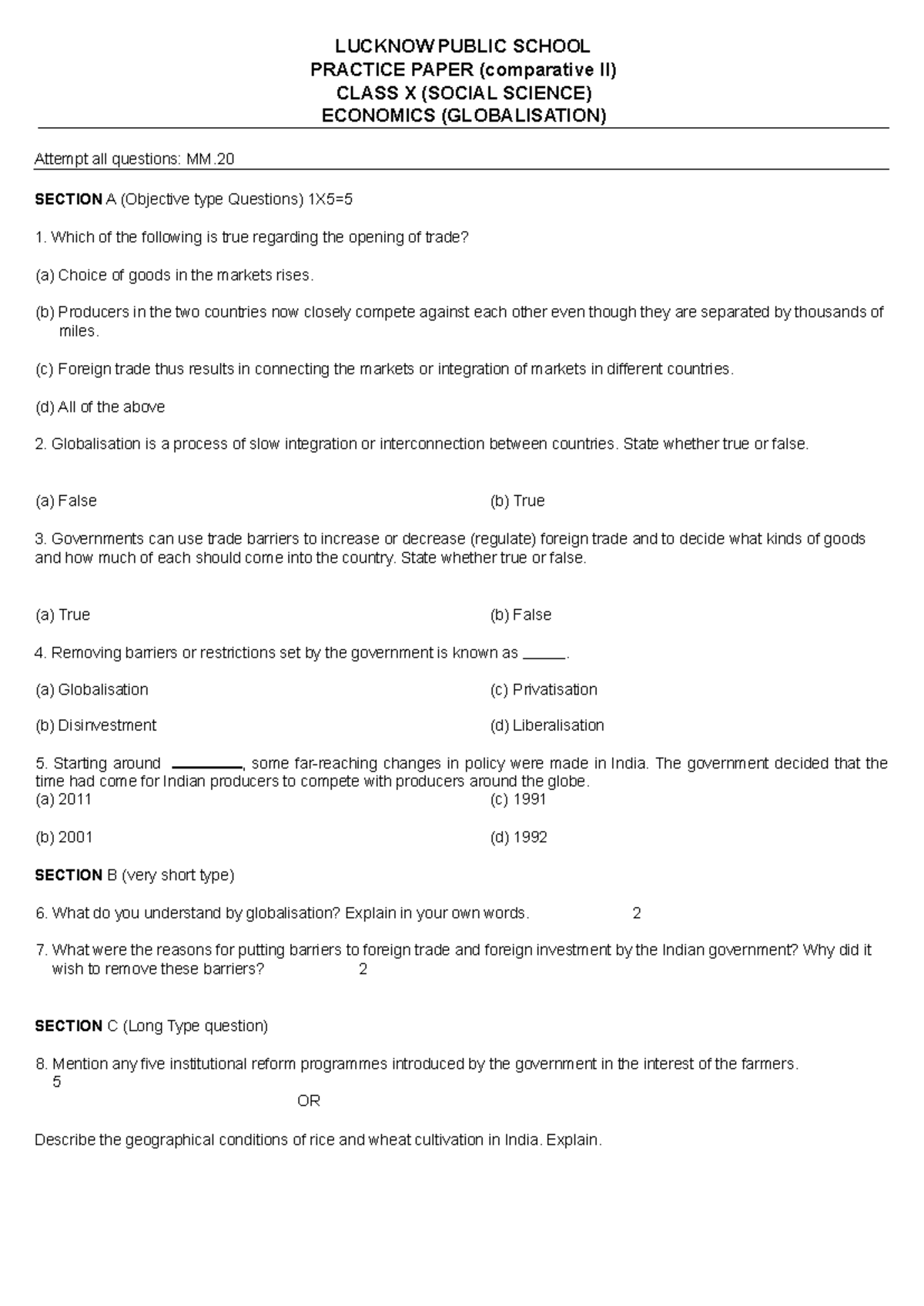 CLASS X SOCIAL SCIENCE PRACTICE PAPER (GLOBALISATION) - Studocu